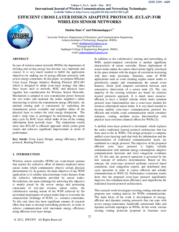 Pdf Efficient Cross Layer Design Adaptive Protocol Eclap For Wireless Sensor Networks