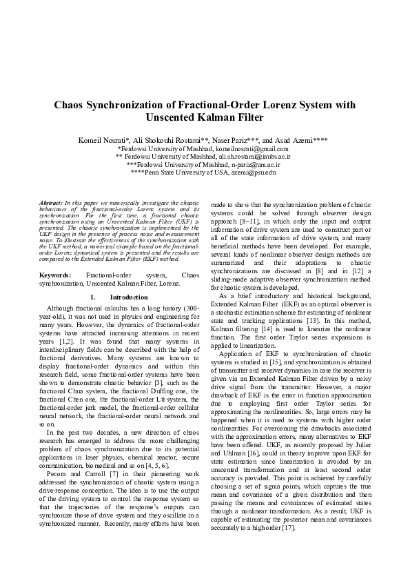 Pdf Chaos Synchronization Of Fractional Order Lorenz System With Unscented Kalman Filter