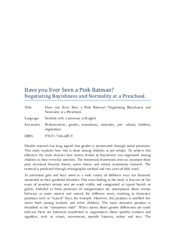 (PDF) Have you ever seen a pink Batman? Negotiating boyishness and ...