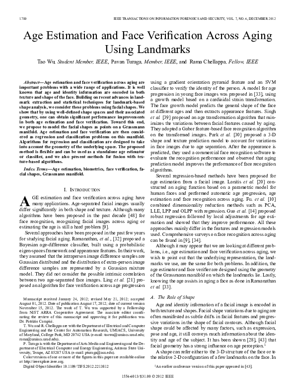 (PDF) Age Estimation and Face Verification Across Aging Using Landmarks