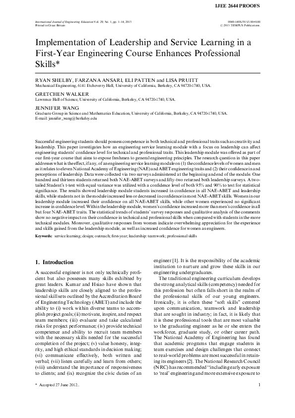 (PDF) Implementation of Leadership and Service Learning in a First-Year ...