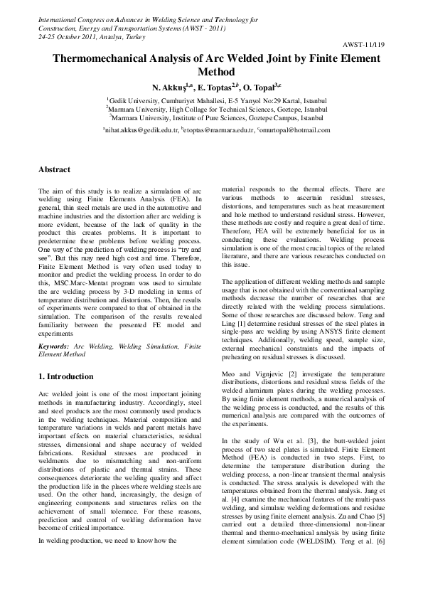 (PDF) Thermomechanical Analysis of Arc Welded Joint by Finite Element Method