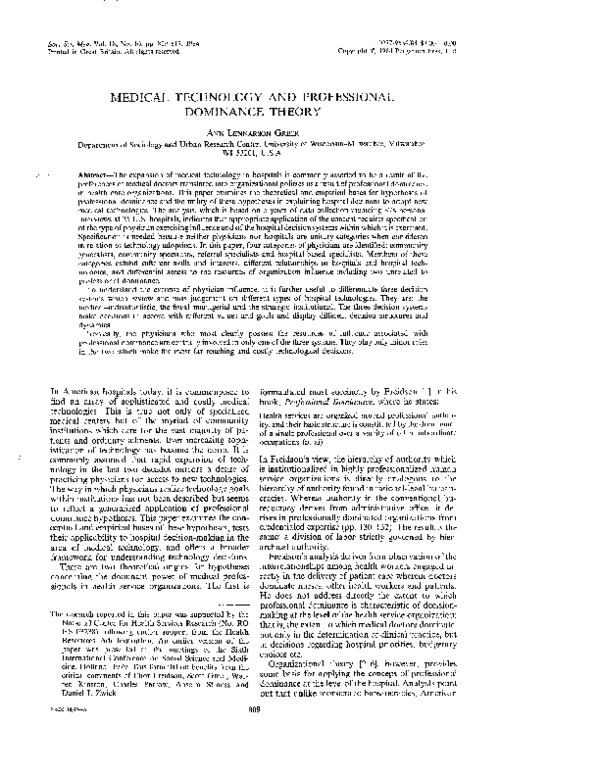 (PDF) Medical Technology and Professional Dominance Theory