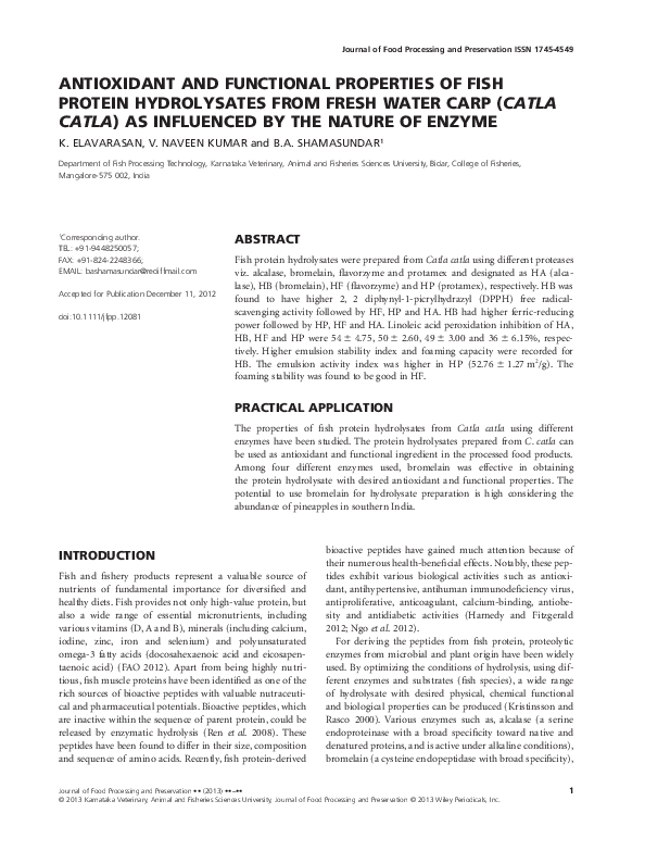 (PDF) ANTIOXIDANT AND FUNCTIONAL PROPERTIES OF FISH PROTEIN ...