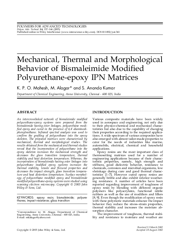 (PDF) Mechanical, thermal and morphological behavior of bismaleimide modified polyurethane‐epoxy ...