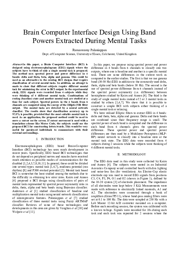 (PDF) Brain Computer Interface Design Using Band Powers Extracted During Mental Tasks