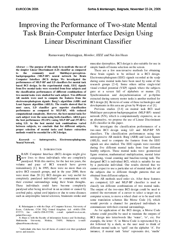 (PDF) Improving the Performance of Two-state MentalTask Brain-Computer Interface Design Using ...