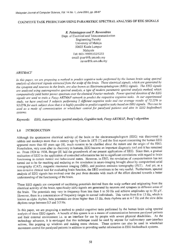 (PDF) Cognitive task prediction using parametric spectral analysis of EEG signals