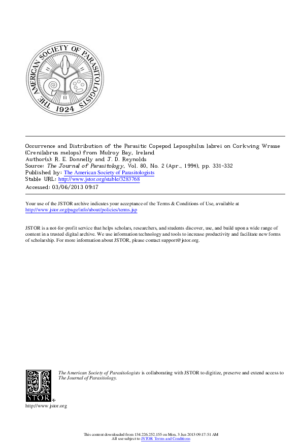 (PDF) Occurrence and distribution of the parasitic copepod Leposphilus ...