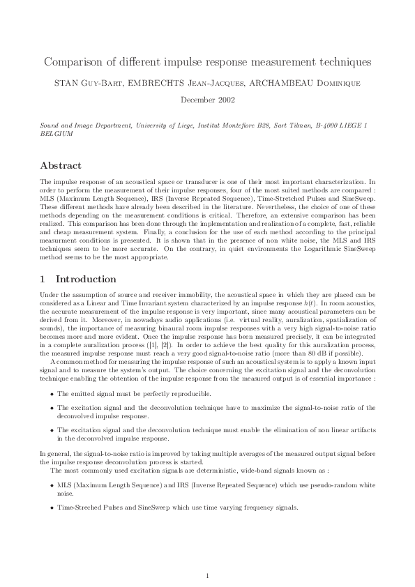 (PDF) Comparison of Diﬀerent Impulse Response Measurement Techniques