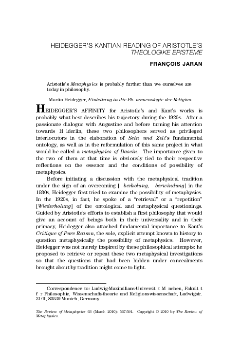 (PDF) Heidegger’s Kantian Reading of Aristotle’s theologike episteme