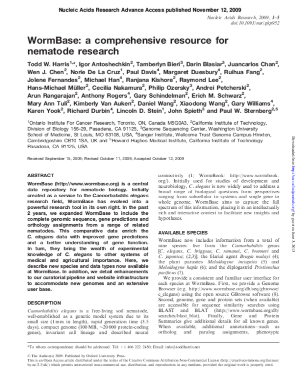 (PDF) WormBase: a comprehensive resource for nematode research