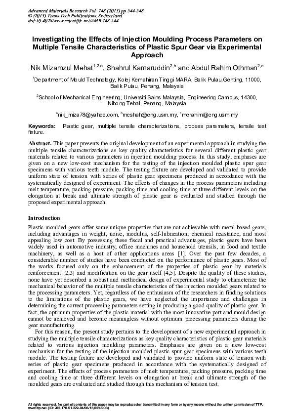 Pdf Investigating The Effects Of Injection Moulding Process Parameters On Multiple Tensile