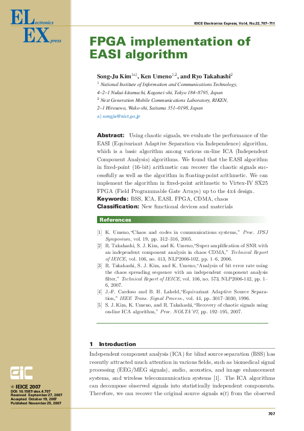 (PDF) FPGA implementation of EASI algorithm (PDF) FPGA implementation of EASI algorithm