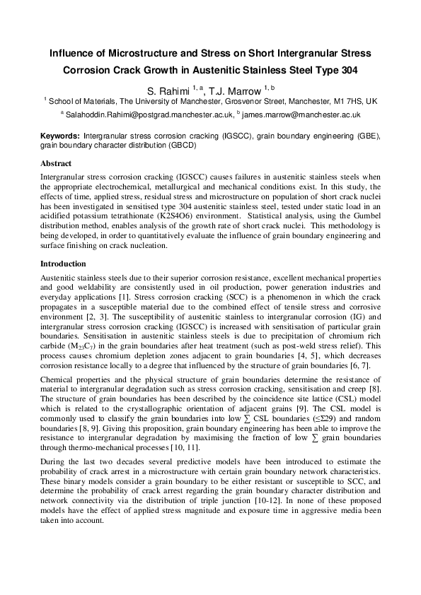 (PDF) Influence of Microstructure and Stress on Short Intergranular Stress Corrosion Crack ...