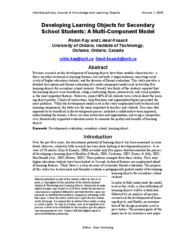 (PDF) Developing Learning Objects for Secondary School Students: A Multi-Component Model