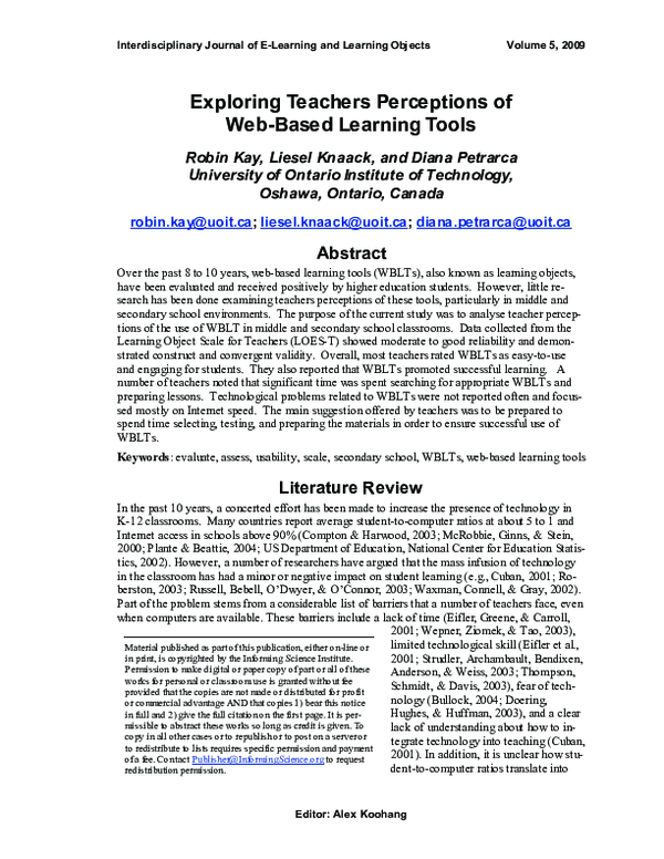 (PDF) Exploring Teachers Perceptions of Web-Based Learning Tools