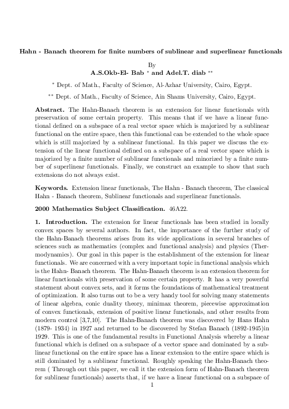 Pdf Hahn Banach Theorem For Finite Numbers Of Sublinear And Superlinear Functionals
