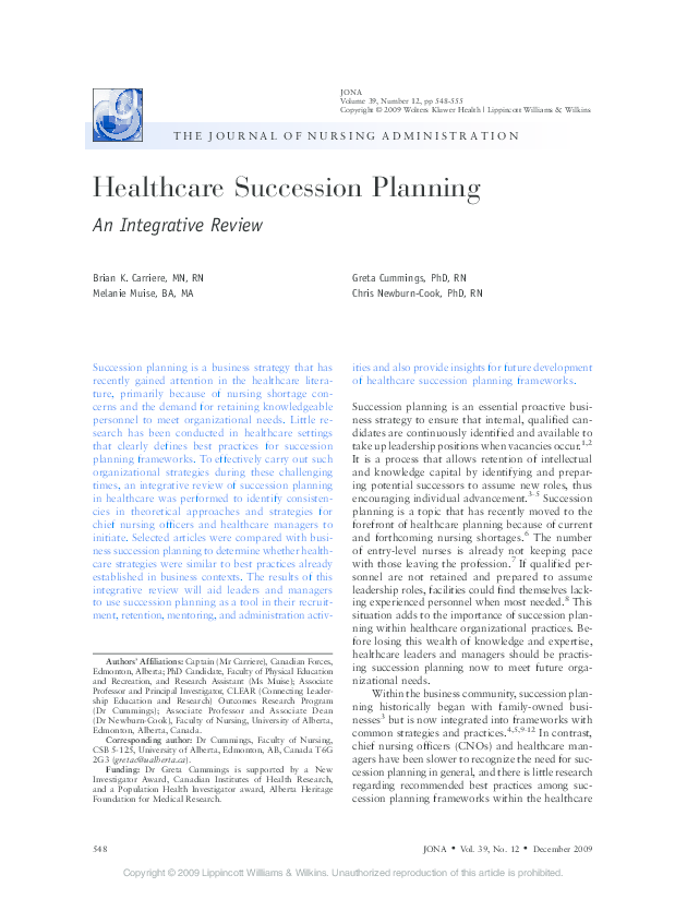 (PDF) Healthcare Succession Planning: An Integrative Review