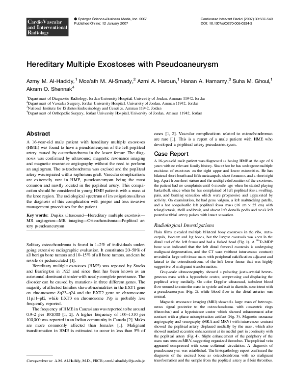 (PDF) Hereditary Multiple Exostoses with Pseudoaneurysm