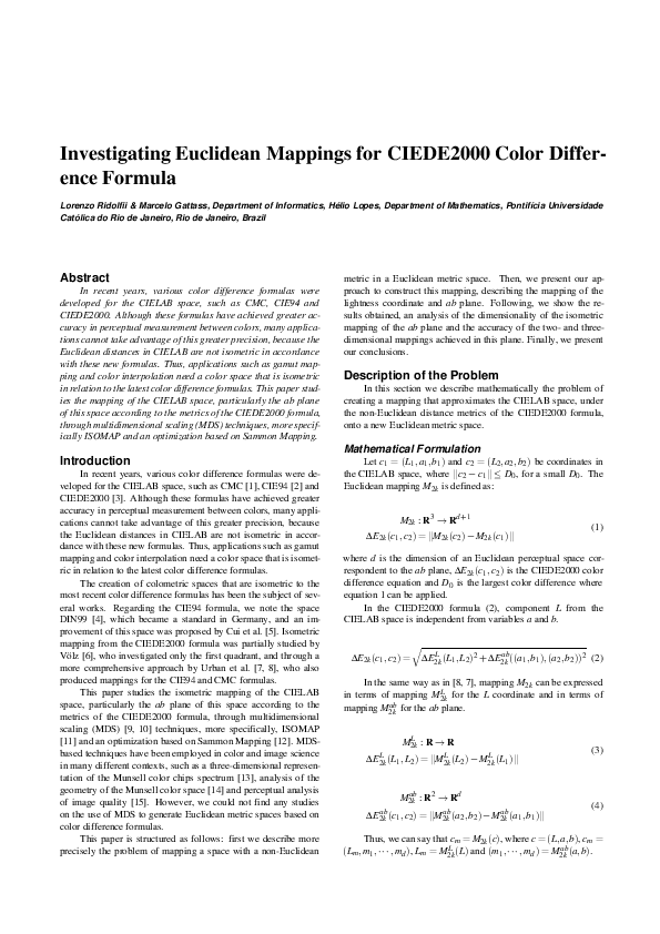 (PDF) Investigating Euclidean Mappings for CIEDE2000 Color Difference ...