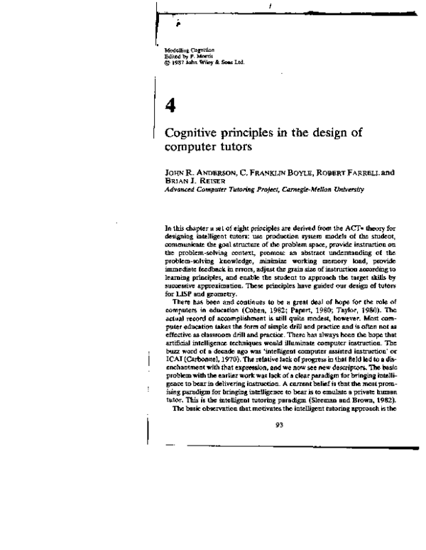 (PDF) Cognitive Principles In the Design of Computer Tutors