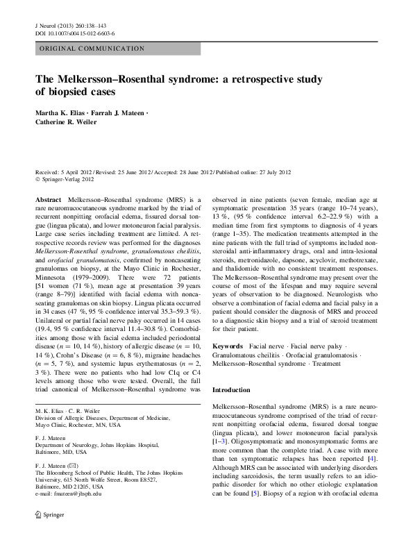 (PDF) The Melkersson-Rosenthal syndrome: a retrospective study of ...