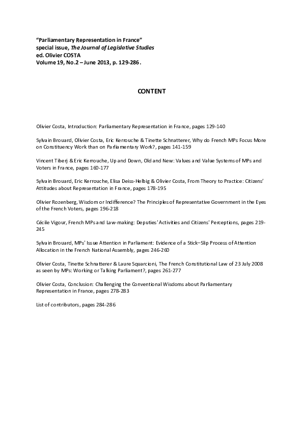 (PDF) Parliamentary Representation in France, Journal of Legislative ...