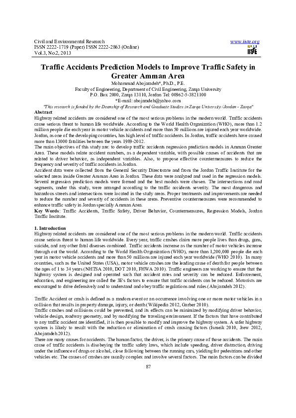 (PDF) “Traffic Accidents Prediction Models to Improve Traffic Safety in ...