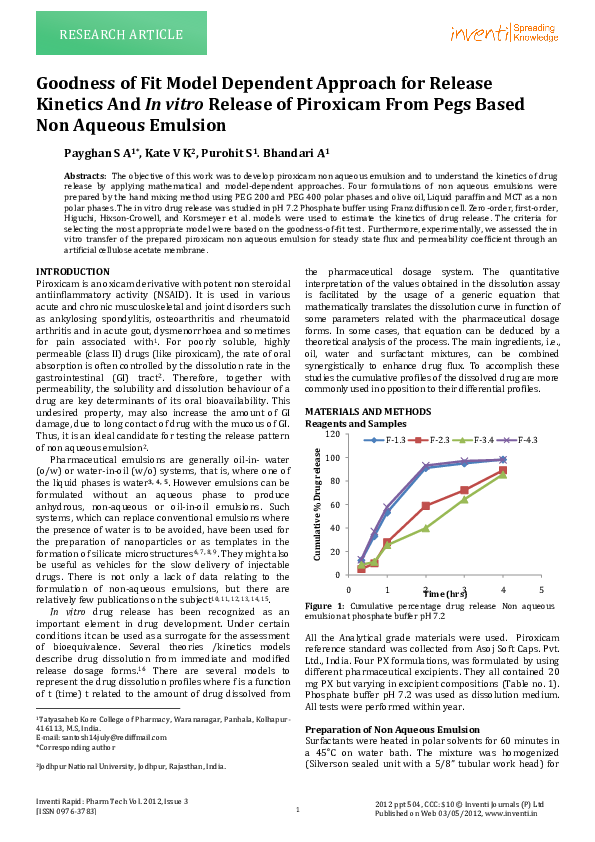 (PDF) Goodness of Fit Model Dependent Approach for Release Kinetics And In vitro Release of ...