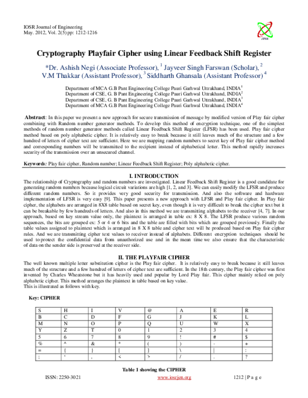(PDF) Cryptography Playfair Cipher using Linear Feedback Shift Register