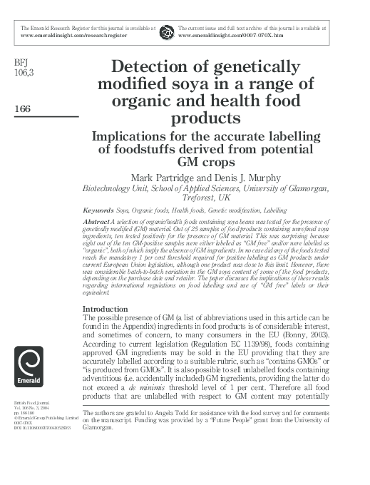(PDF) Detection of genetically modified soya in a range of organic and health food products ...