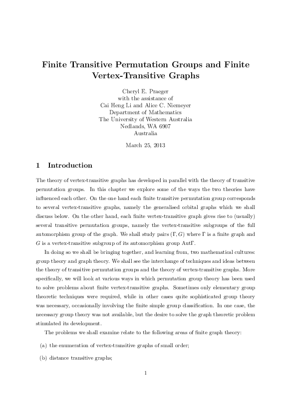 Pdf Finite Transitive Permutation Groups And Finite Vertex Transitive Graphs C E Praeger With