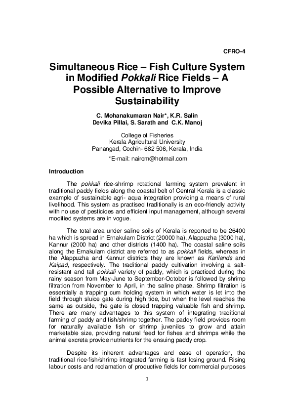 (PDF) Simultaneous rice – fish culture system in modified Pokkali rice ...