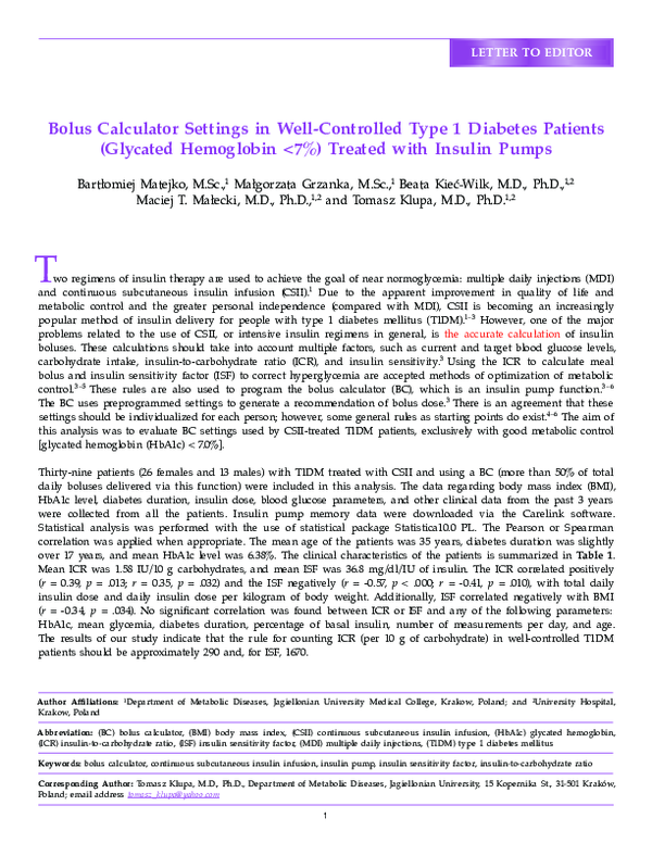 (PDF) Bolus Calculator Settings in Type 1 Diabetes