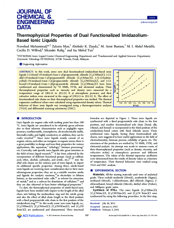(PDF) Thermophysical Properties of Dual Functionalized Imidazolium-Based Ionic Liquids