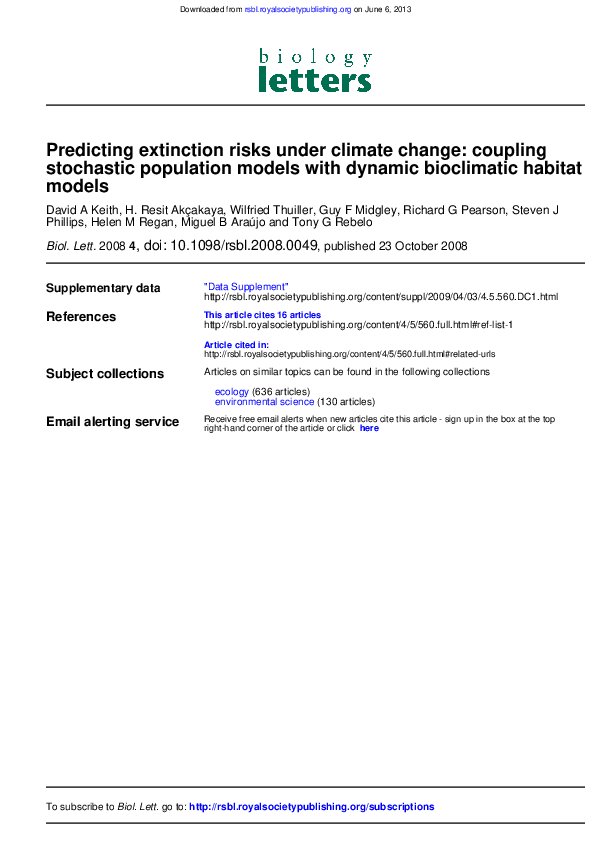 (PDF) Predicting extinction risks under climate change: coupling stochastic population models ...