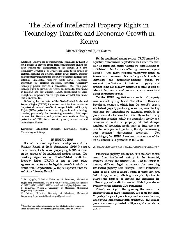 (DOC) The Role of Intellectual Property Rights in Technology Transfer ...