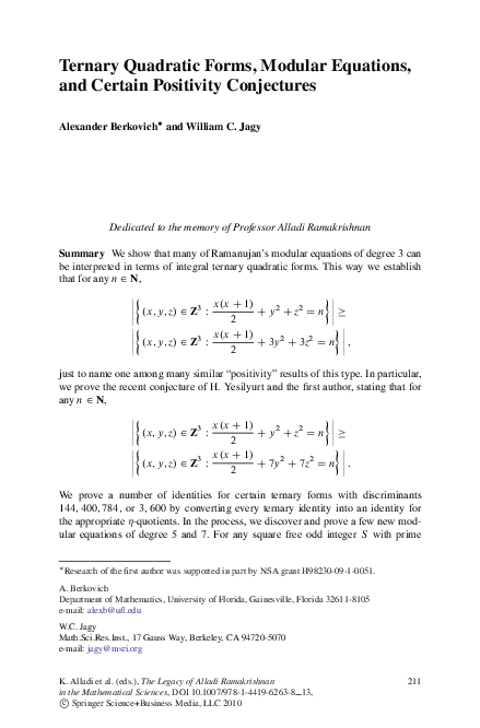 Pdf Ternary Quadratic Forms Modular Equations And Certain Positivity Conjectures