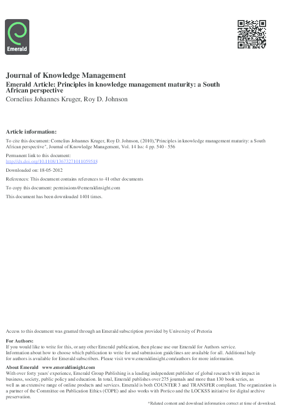 (PDF) . Principles in Knowledge Management Maturity: A South African ...