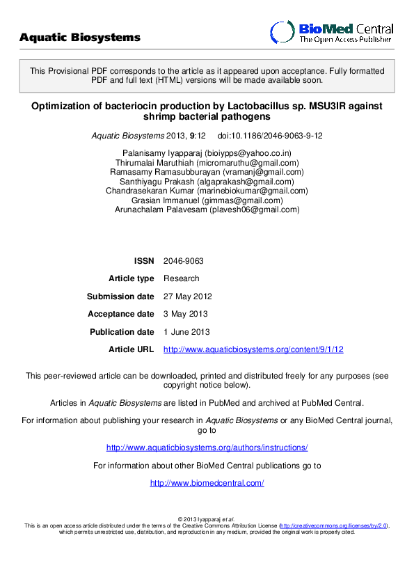 Pdf Optimization Of Bacteriocin Production By Lactobacillus Sp Msu3ir Against Shrimp