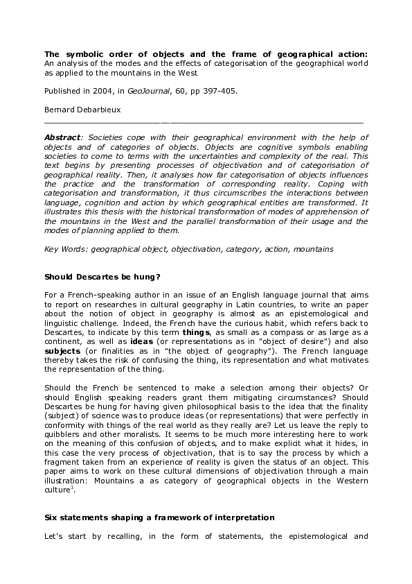 (PDF) The symbolic order of objects and the frame of geographical action