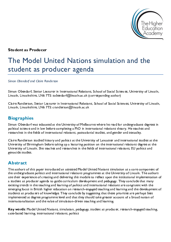 (PDF) The Model United Nations simulation and the student as producer ...