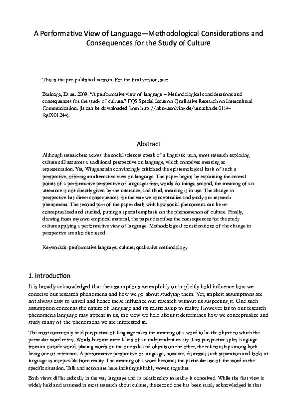 A performative view of language: Methodological considerations and ...