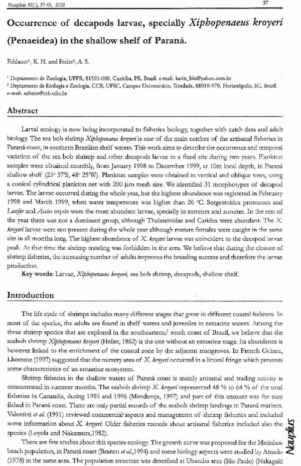 (PDF) Occurrence of decapods larvae, specially Xiphopenaeus kroyer ...