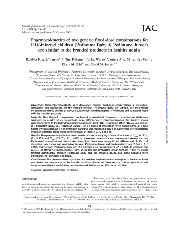 (PDF) Pharmacokinetics of two generic fixed-dose combinations for HIV ...