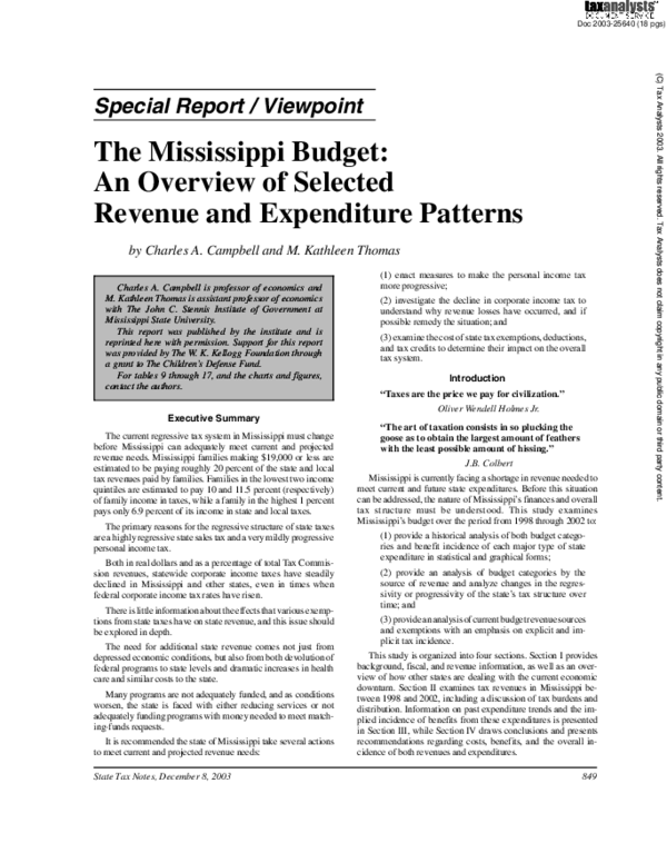 (PDF) Special Report / Viewpoint The Mississippi Budget: An Overview of ...