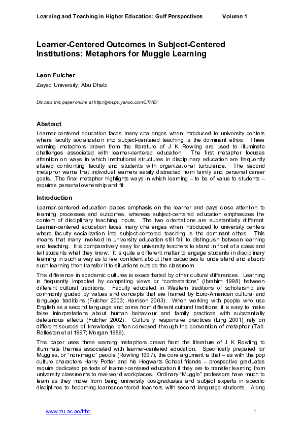(PDF) Learner-Centered Outcomes in Subject-Centered Institutions ...