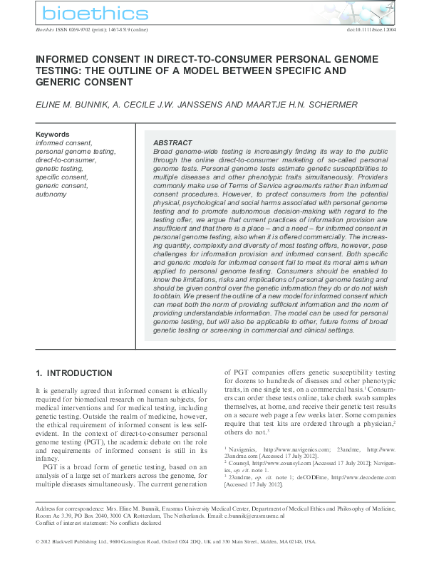 Pdf Informed Consent In Direct To Consumer Personal Genome Testing
