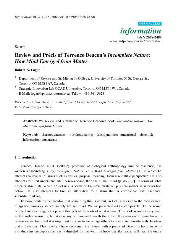 (PDF) Review and Précis of Terrence Deacon’s Incomplete Nature: How ...